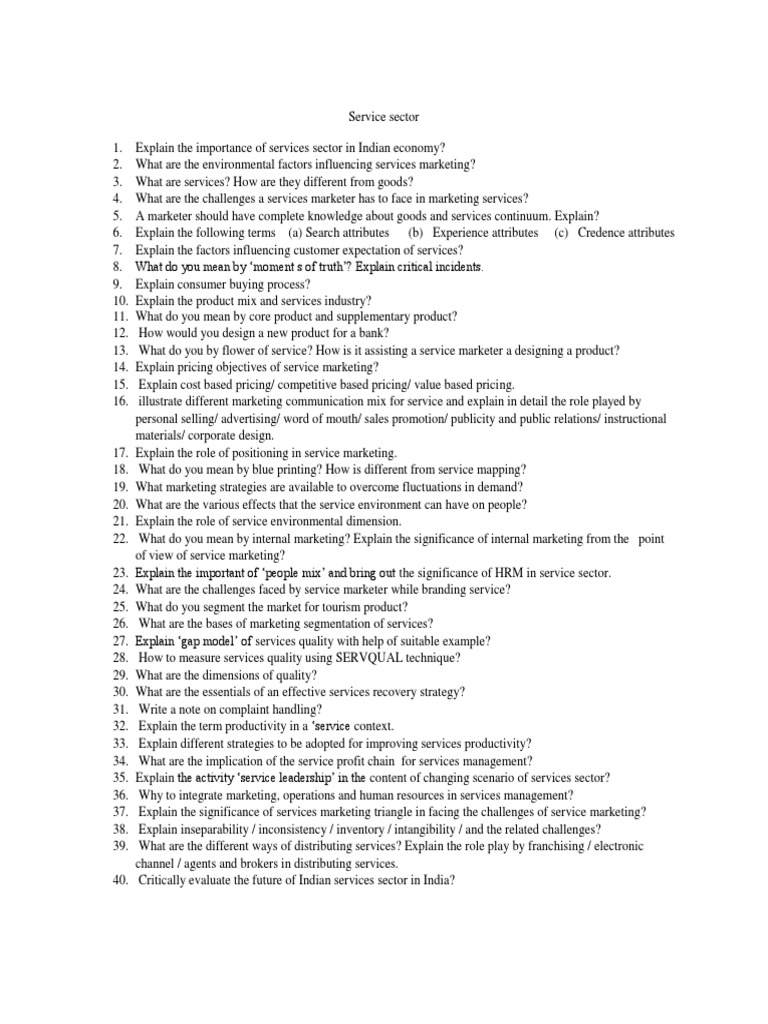 Service Sector Questions | PDF | Sales | Marketing
