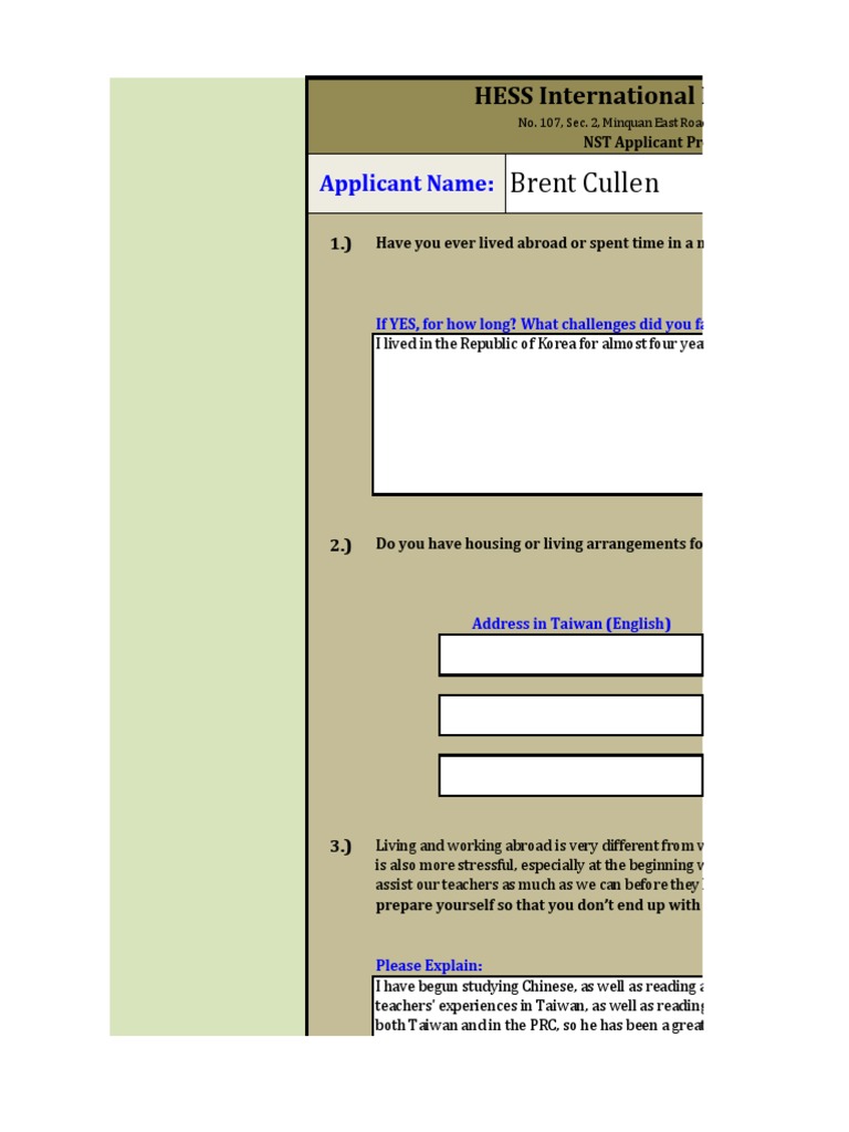 NST Applicant Pre-Interview Questionnaire | PDF | Taipei | Taiwan