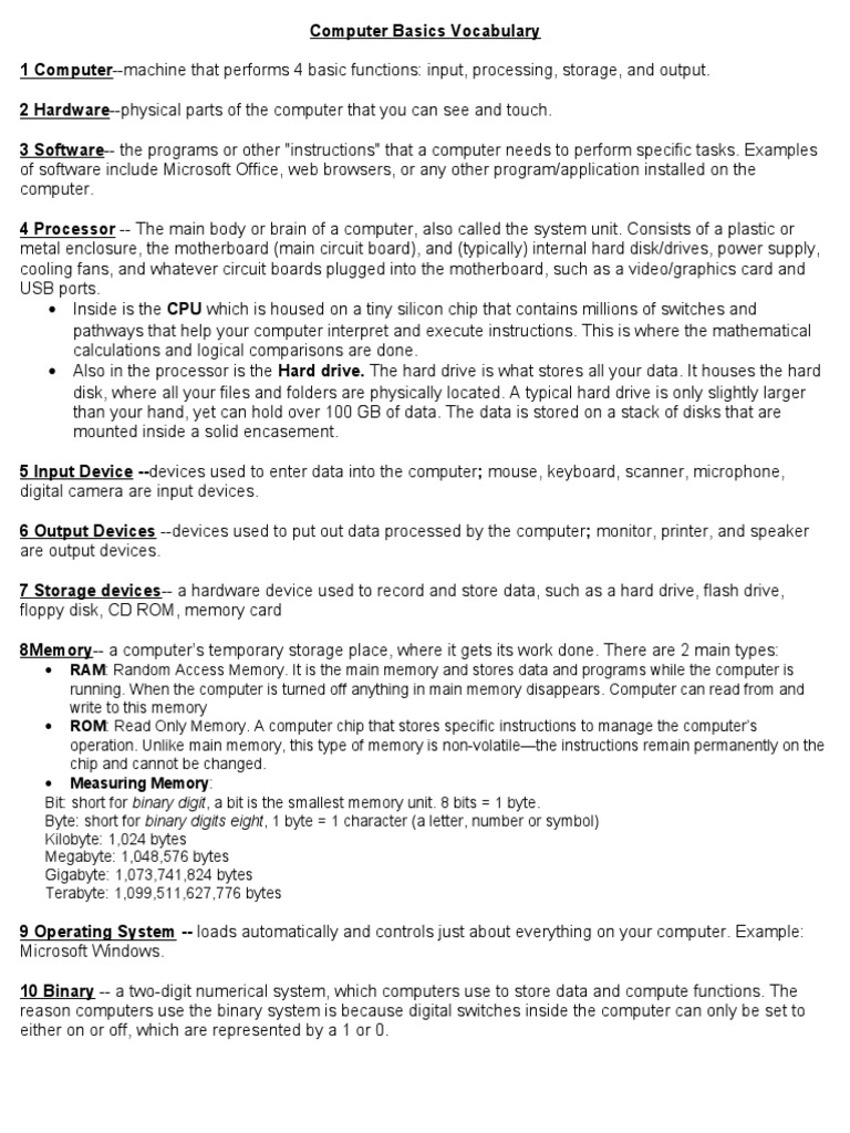 Computer Basics Vocabulary List | Download Free PDF | Input/Output ...