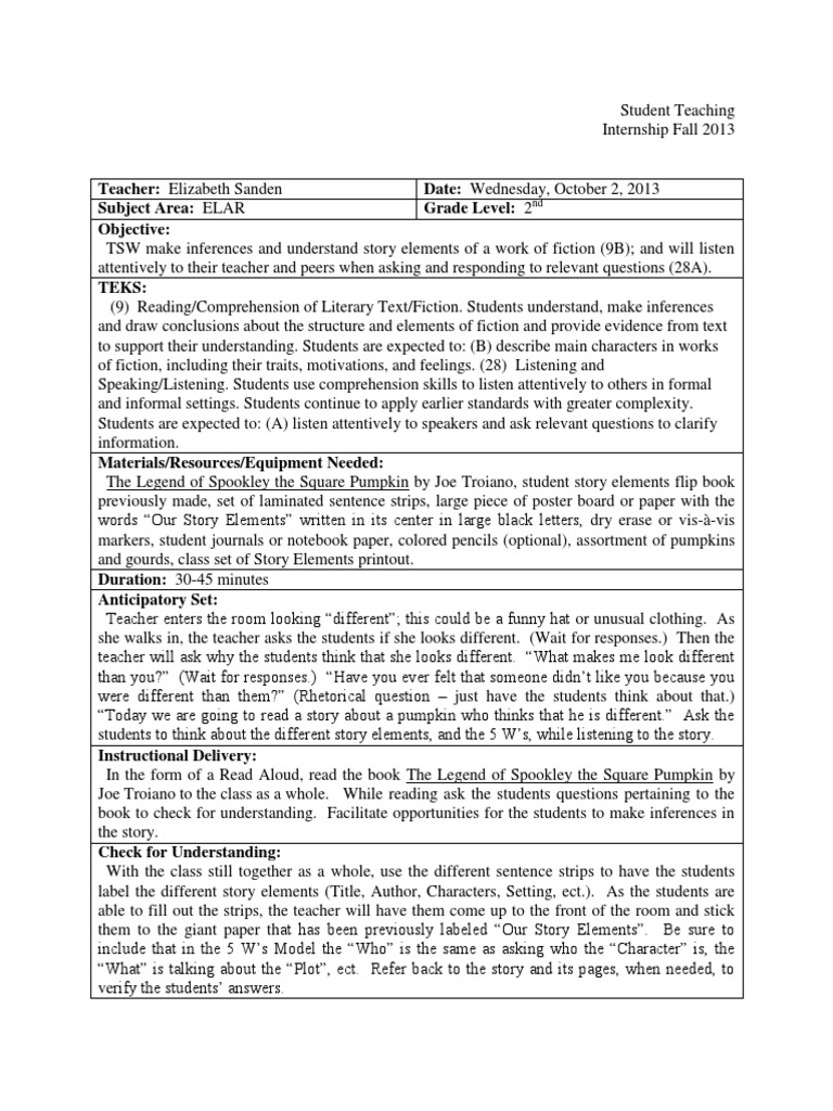 Elar Lesson Plan Story Elements | PDF | Reading Comprehension ...