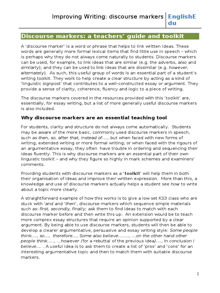 Discourse Markers: A Teachers' Guide and Toolkit | Download Free PDF ...