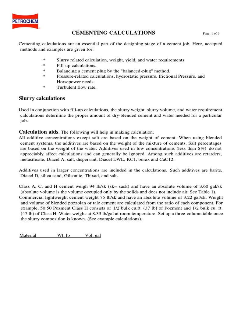 Tech Drilling Cementing Calculations | PDF | Volume | Equations