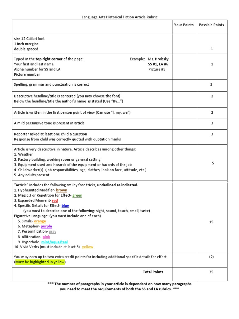 Historical Fiction Article Rubric | PDF