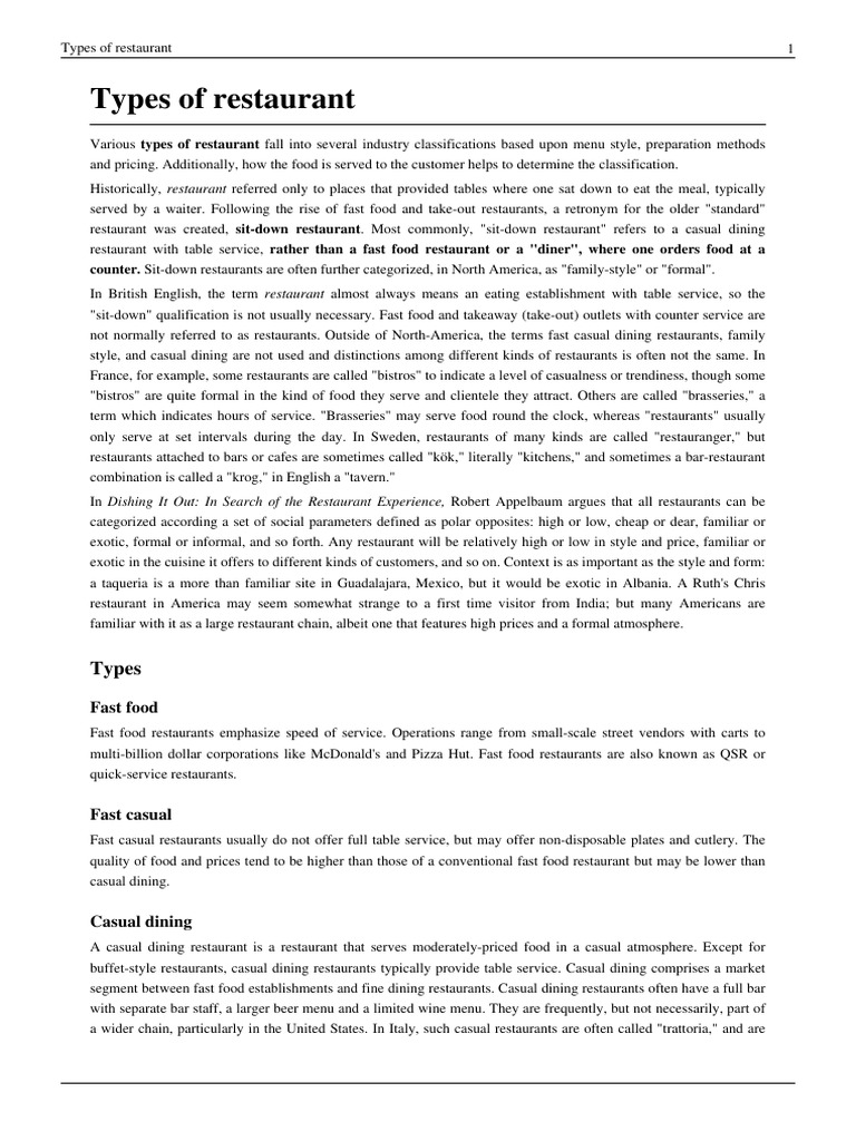 Types of Restaurant | PDF | Restaurants | Hospitality Industry