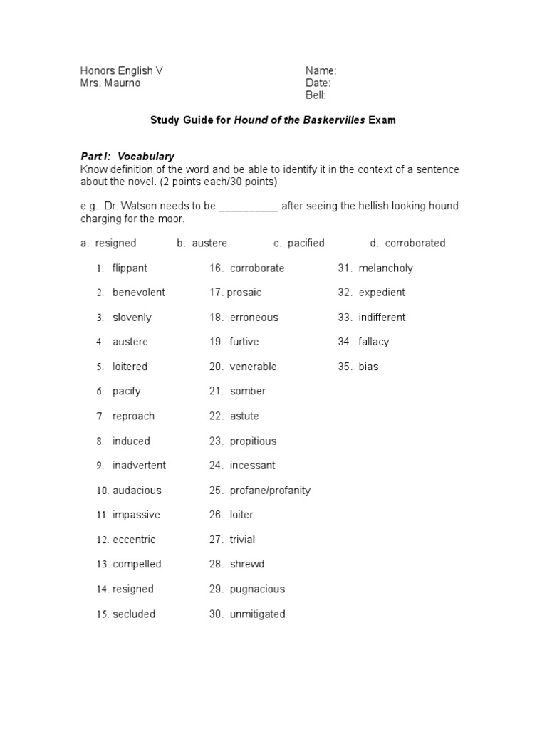 English V Study Guide Hound of The Baskervilles | PDF | The Hound Of ...