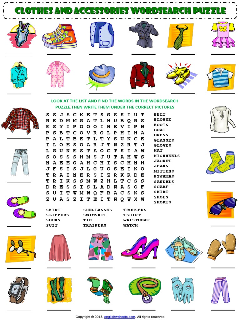 Clothes and Accessories Wordsearch Puzzle Vocabulary Worksheet 1 | PDF
