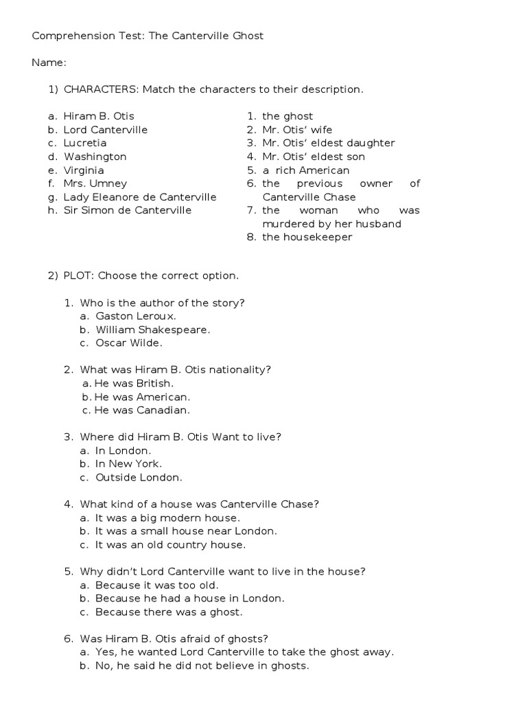 Comprehension Test Canterville Ghost | PDF | Ghosts | Undead