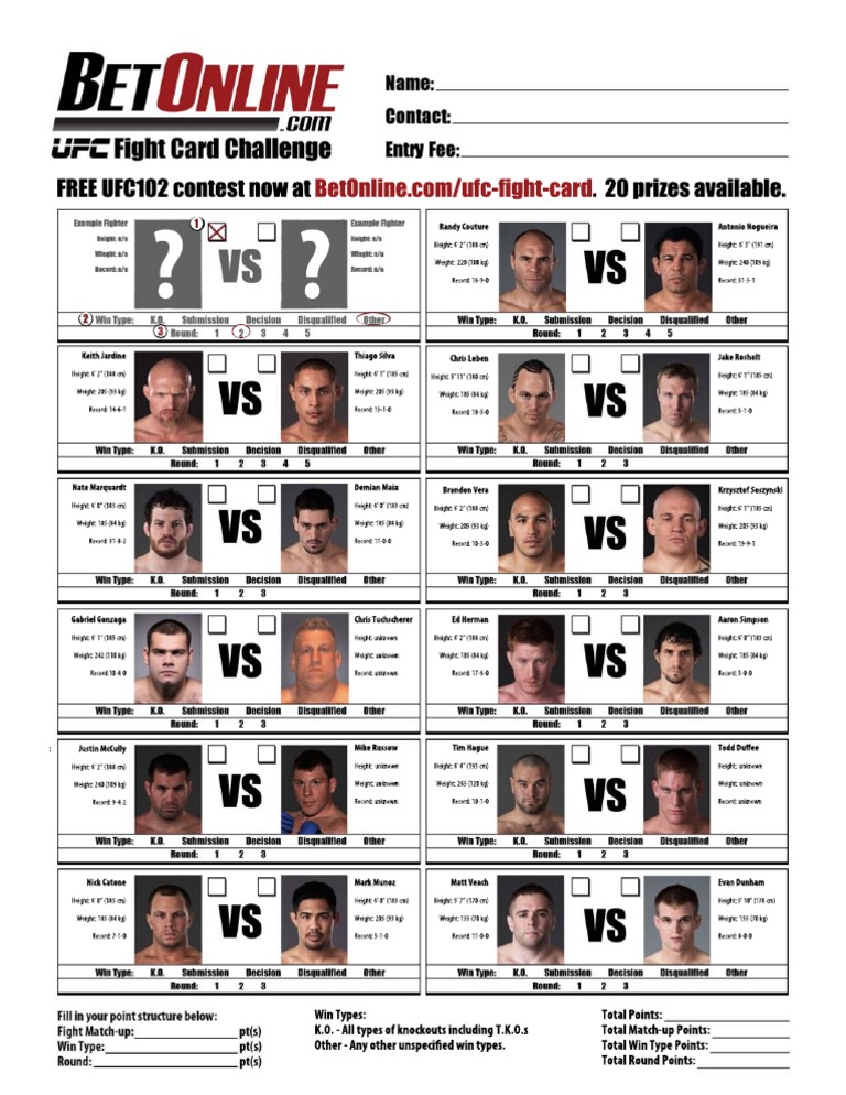 Ufc 102 Fight Card | PDF | Combat Sports | Mixed Martial Arts