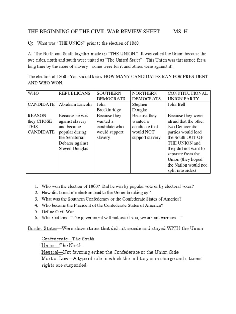 The Beginning of The Civil War Review Sheet Ms | PDF | Confederate ...