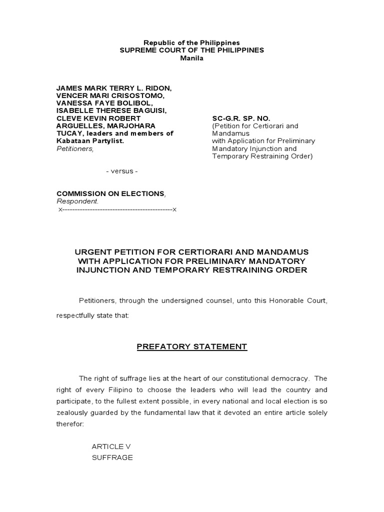 Urgent Petition For Certiorari and Mandamus | PDF | Commission On Elections (Philippines) | Mandamus