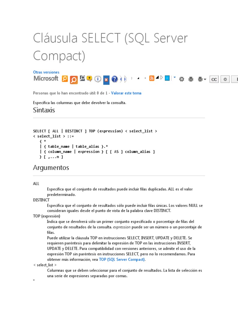 Cláusula SELECT | PDF | Tabla (base de datos) | Servidor SQL de Microsoft
