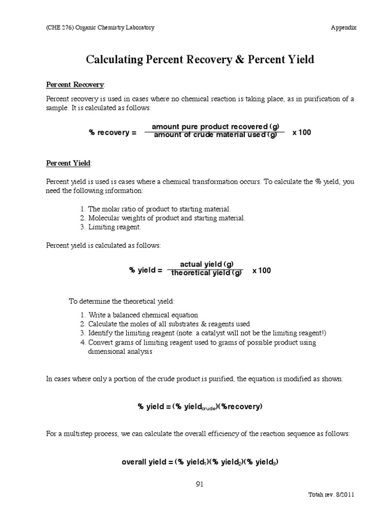 Calculating Percent Recovery & Percent Yield | PDF | Chemical Reactions ...