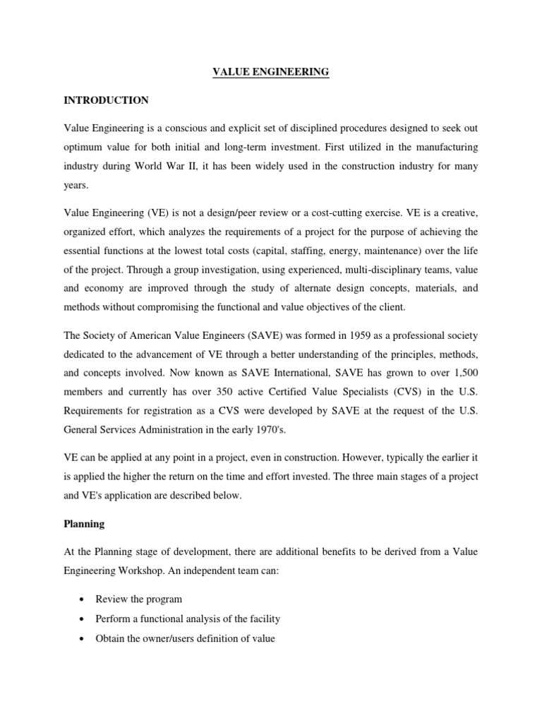 Value Engineering | PDF | Evaluation | Engineering