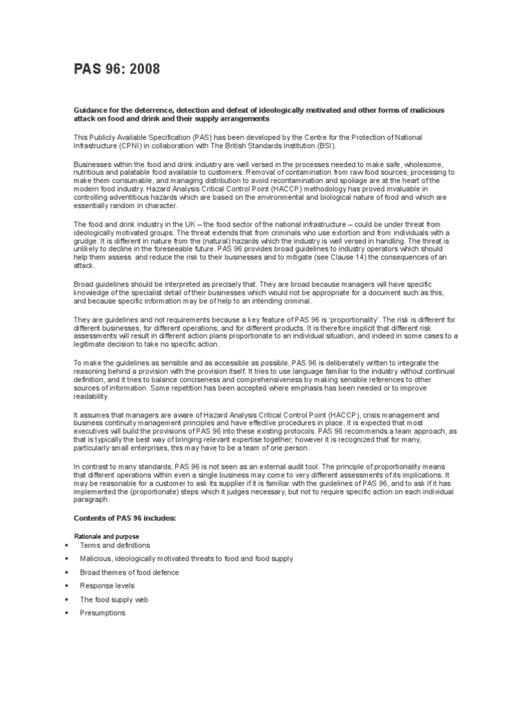 Pas 96: 2008 | PDF | Hazard Analysis And Critical Control Points | Risk
