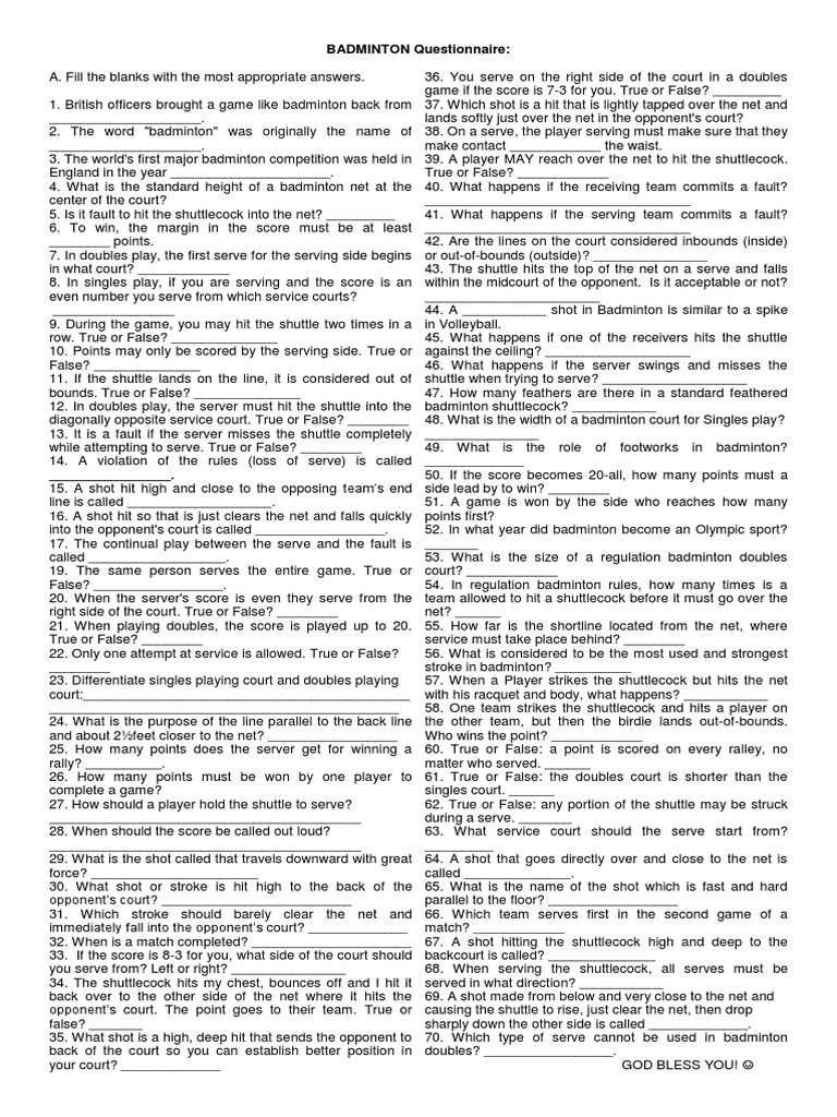 BADMINTON Questionnaire | Olympic Sports | Team Sports