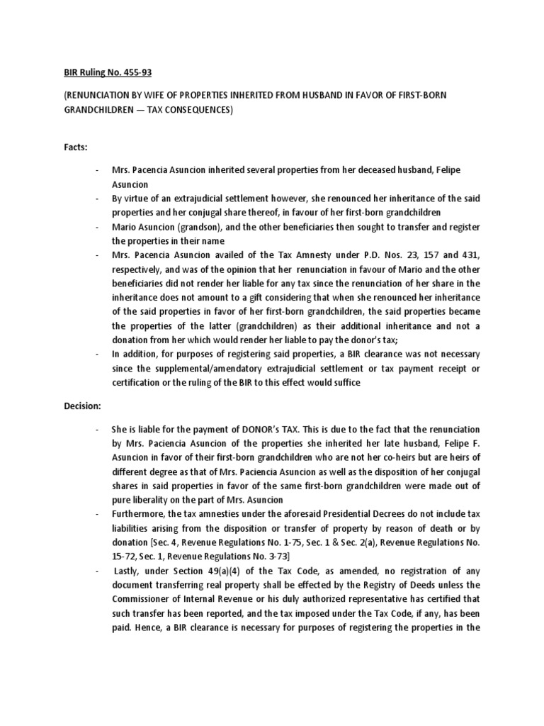 BIR Ruling No 455-93 Digest | PDF | Taxation In The United States ...