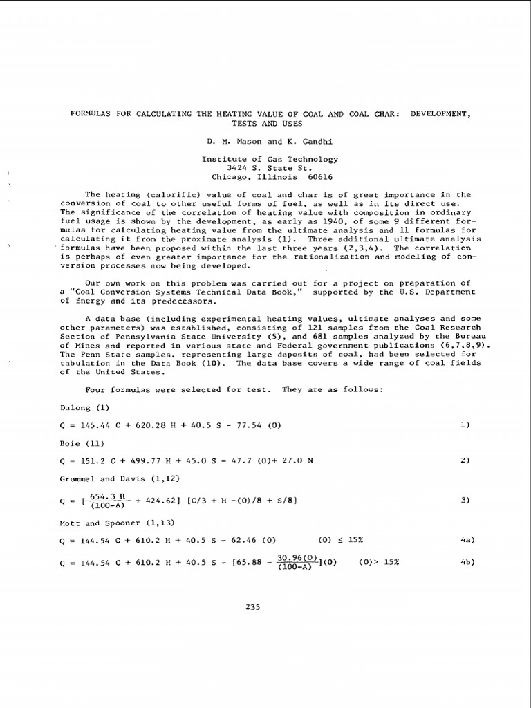 Formulas For Calculating The Heating Value of Coal | PDF