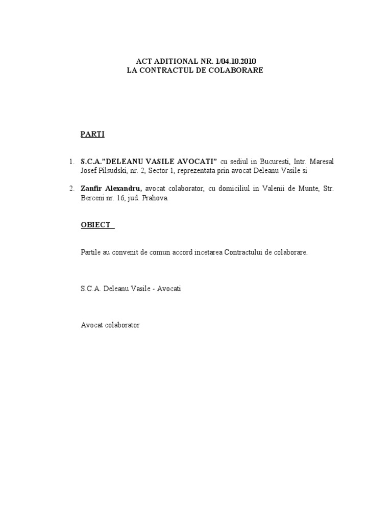 Act Aditional Contract de Colaborare - Incetare | PDF