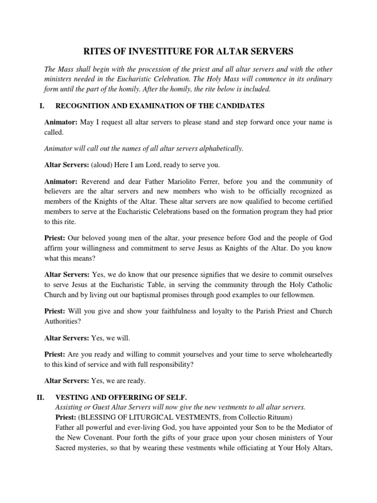 Rite of Investiture for Altar Servers | PDF | Altar | Mass (Liturgy)