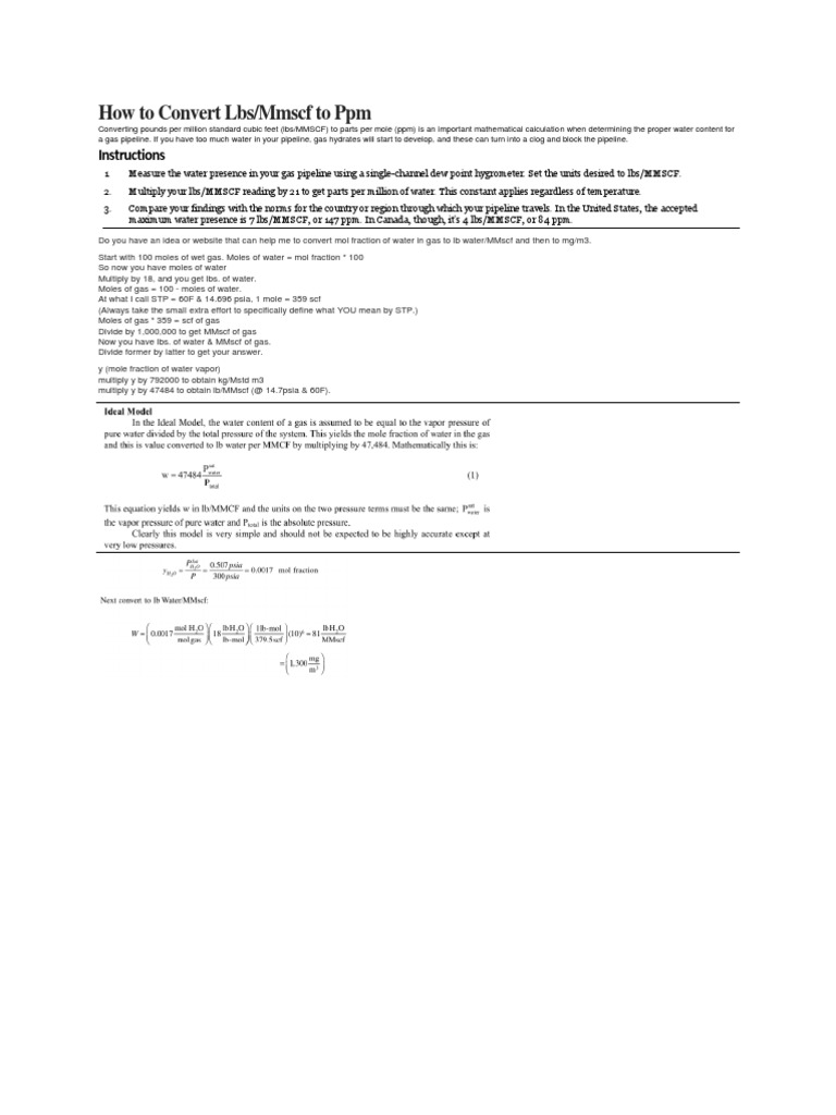 Convert Lbs/Mmscf to Ppm Water Content in Gas Pipelines | PDF | Parts ...