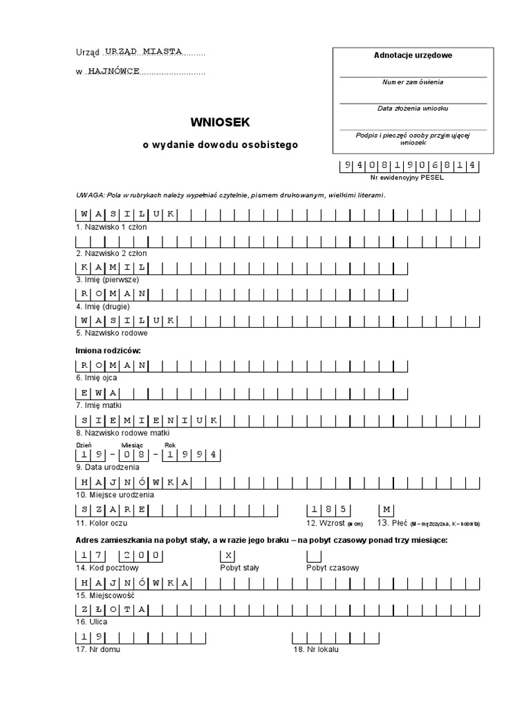 Wniosek o Wydanie Dowodu Osobistego | PDF