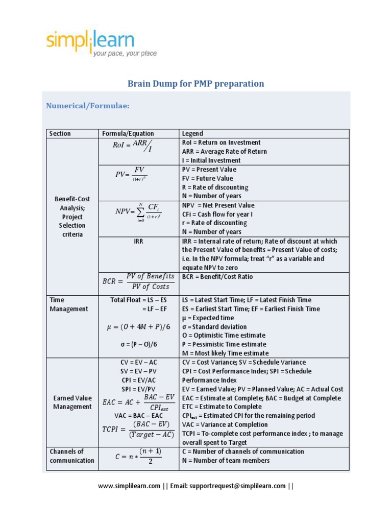 Brain Dump for PMP Preparation | Net Present Value | Project Management