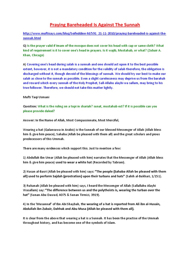 Praying Bareheaded Is Against The Sunnah | PDF | Hadith | Islamic ...