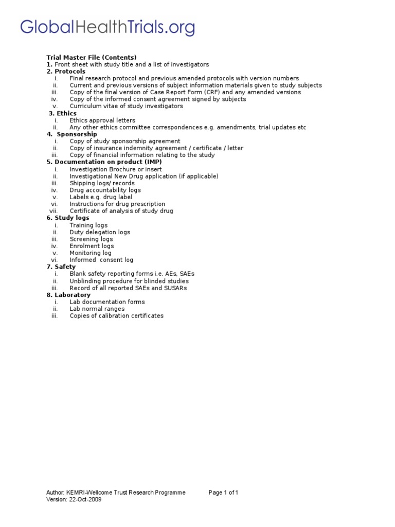 Trial Master File Contents Overview | PDF | Self-Improvement