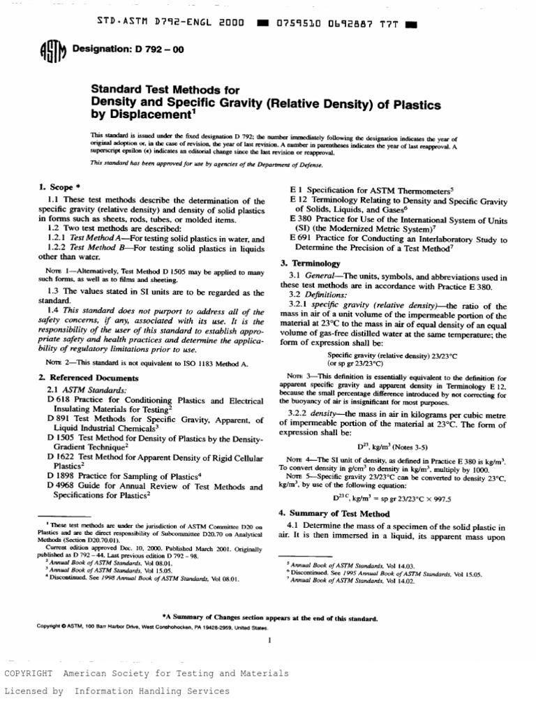 Astm D792 - 2000 | PDF