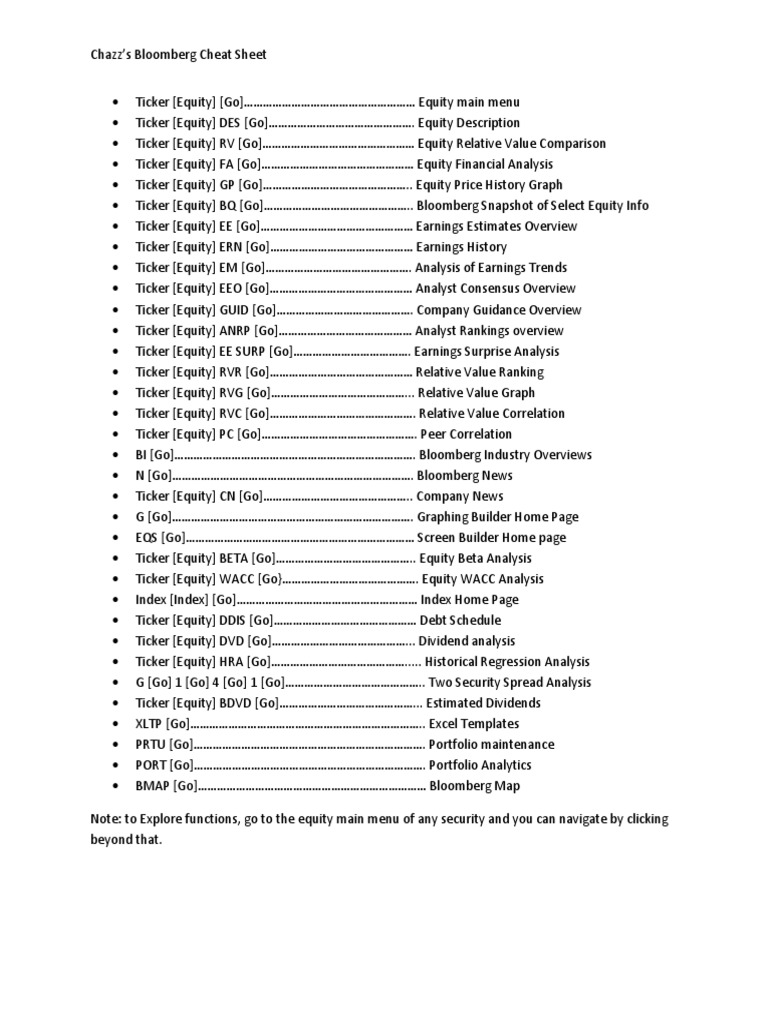 Bloomberg Function Sheet | PDF