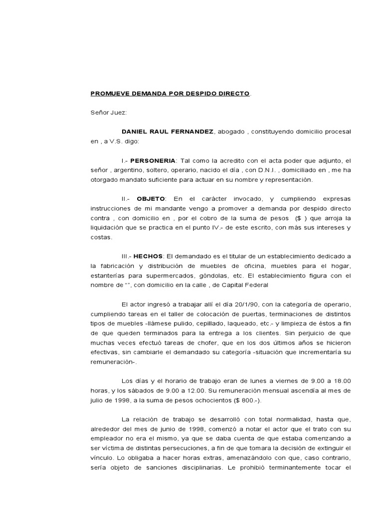 Promueve Demanda Por Despido Directo - Modelo 1 | PDF | Demanda ...