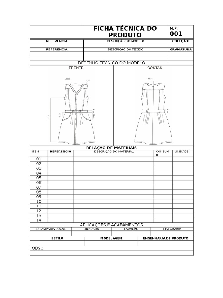 Ficha técnica de produto contendo especificações, desenho, materiais ...