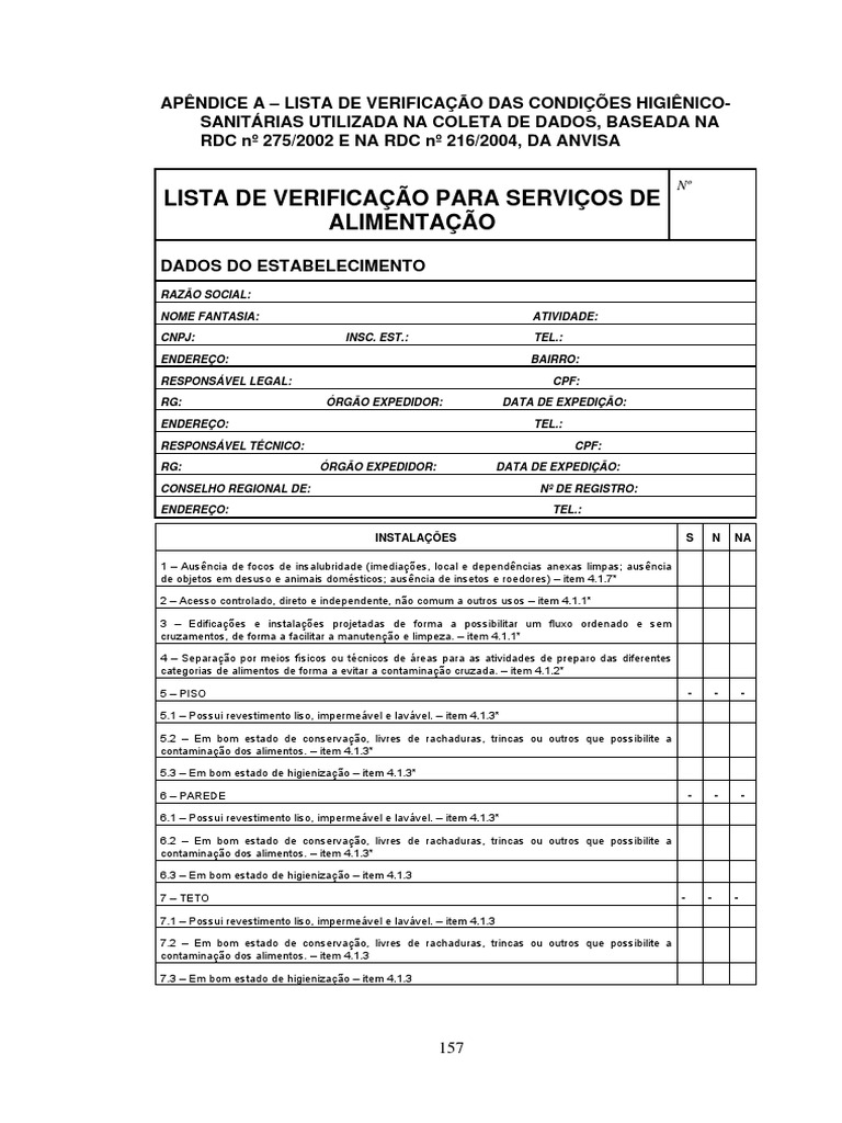 LISTA DE VERIFICAÇÃO DAS CONDIÇÕES HIGIÊNICOSANITÁRIAS UTILIZADA NA ...