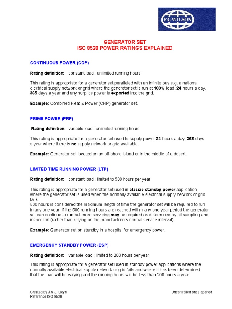 Generator Set Iso 8528 Power Ratings Details | PDF