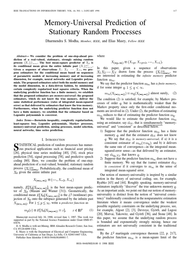 Memory-Universal Prediction of Stationary Random Processes: Dharmendra S. Modha,, and Elias ...