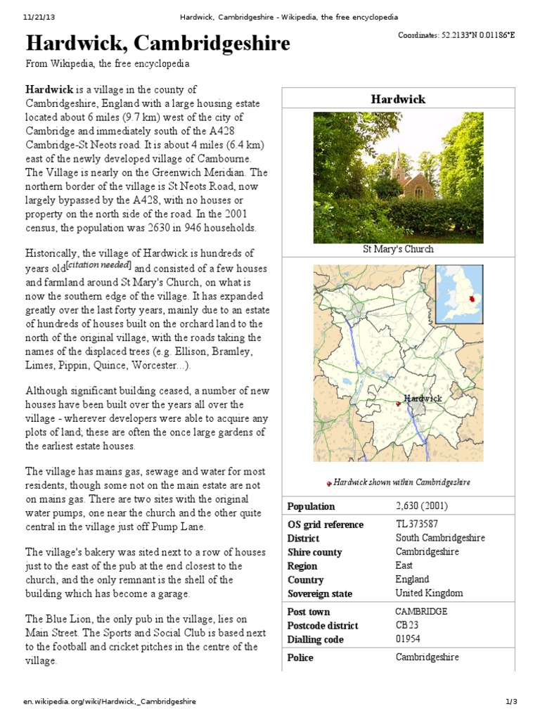 Hardwick, Cambridgeshire: Hardwick Is A Village in The County of | PDF