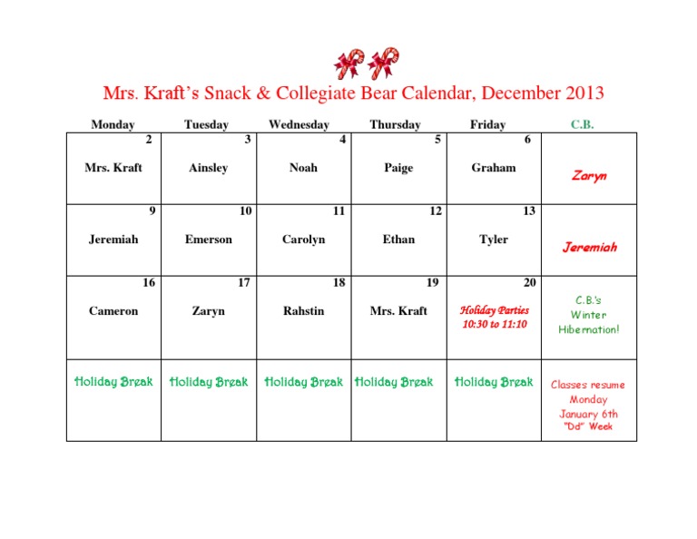 December 13 Snack and C.B. Calendar | PDF