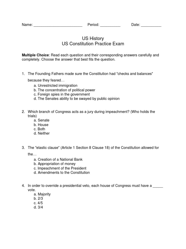 US Constitution Practice Exam | PDF | United States Constitution ...