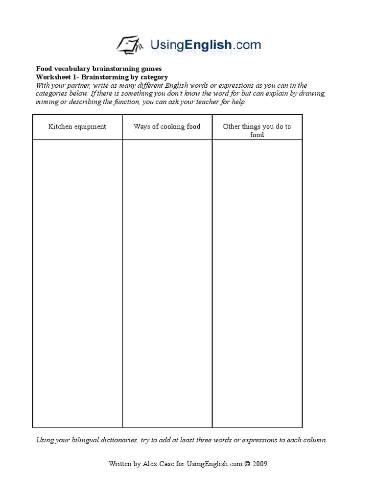 Food Vocabulary Brainstorming Game | PDF | Cuisine | Tools
