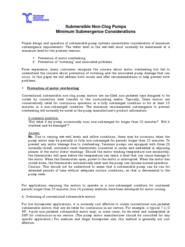 Submersible Non-Clog Pumps Minimum Submergence Considerations ...