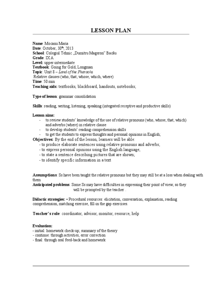 Lesson Plan Relative Clauses Cls 9 | PDF | Teaching | Communication