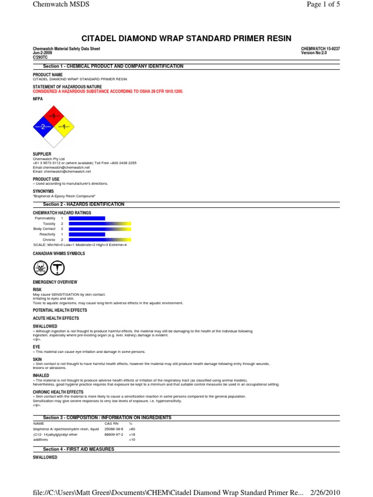 Citadel Diamond Wrap Standard Primer Resin | PDF | Dangerous Goods ...