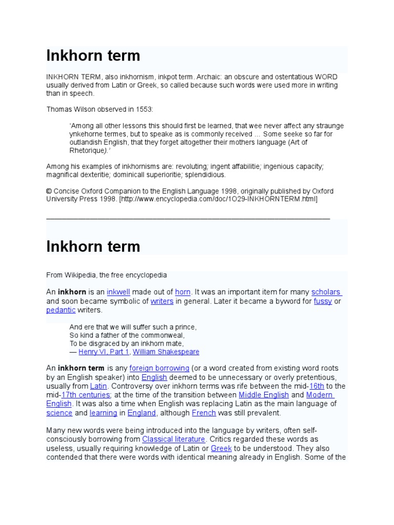 Inkhorn Term (Definition & Wikipedia Article) | Linguistics | Languages