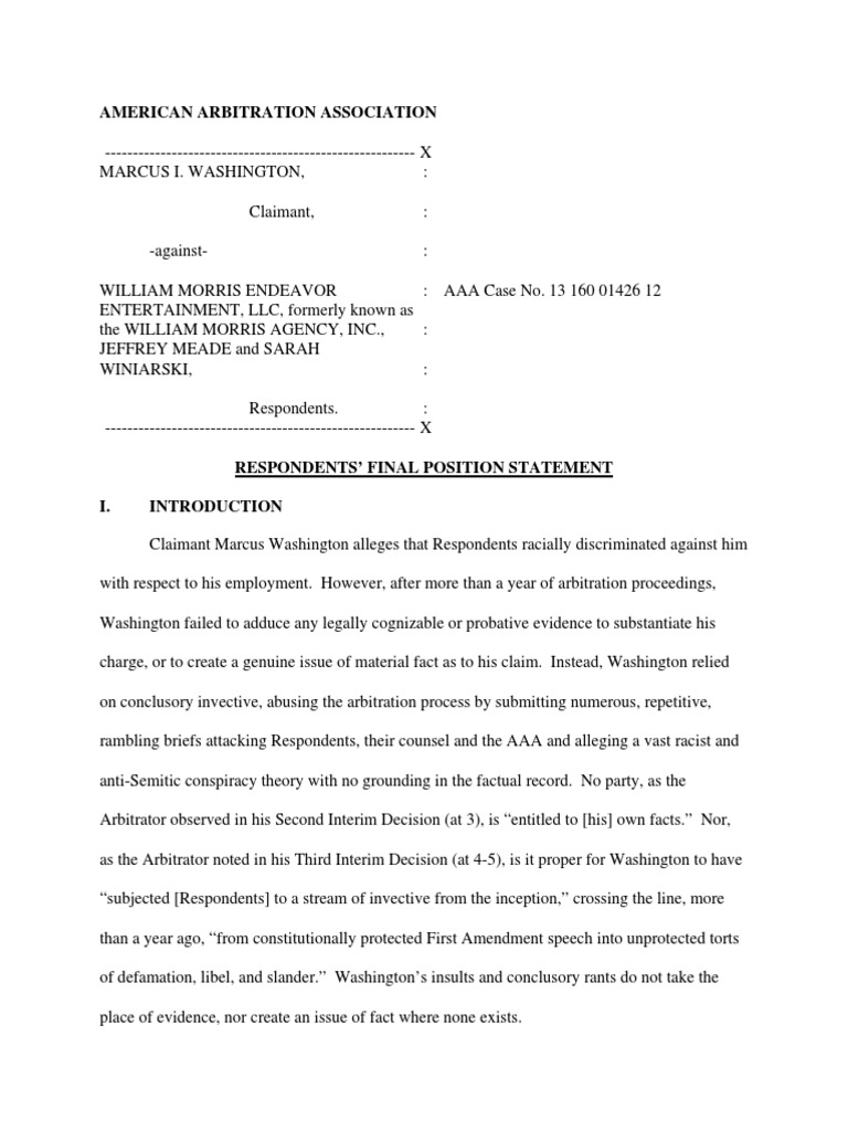 Washington v. William Morris Endeavor Entertainment - Respondents ...