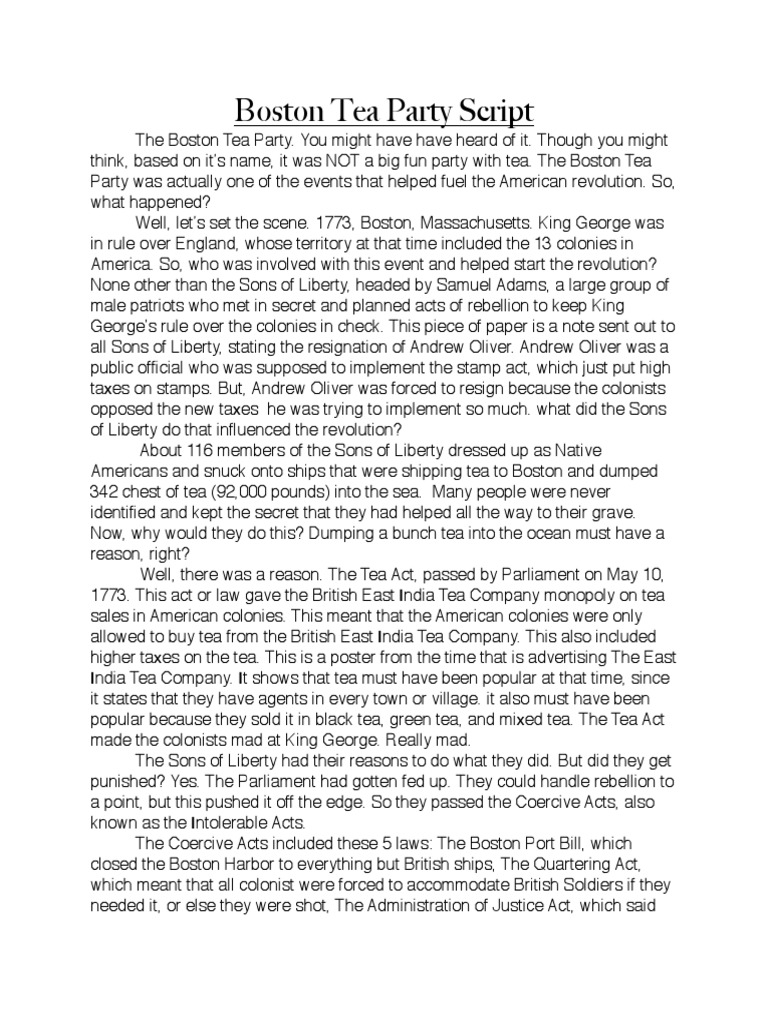 Boston Tea Party Script 2 | PDF | American Revolution | Thirteen Colonies