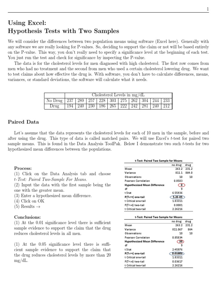 Using Excel: Hypothesis Tests With Two Samples: Paired Data | PDF ...