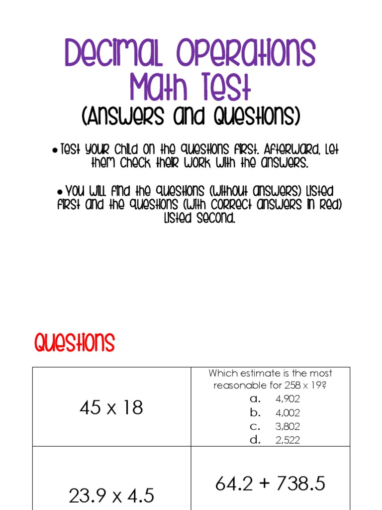 Math - Decimals Unit Review + Answer Sheet | PDF | Division ...