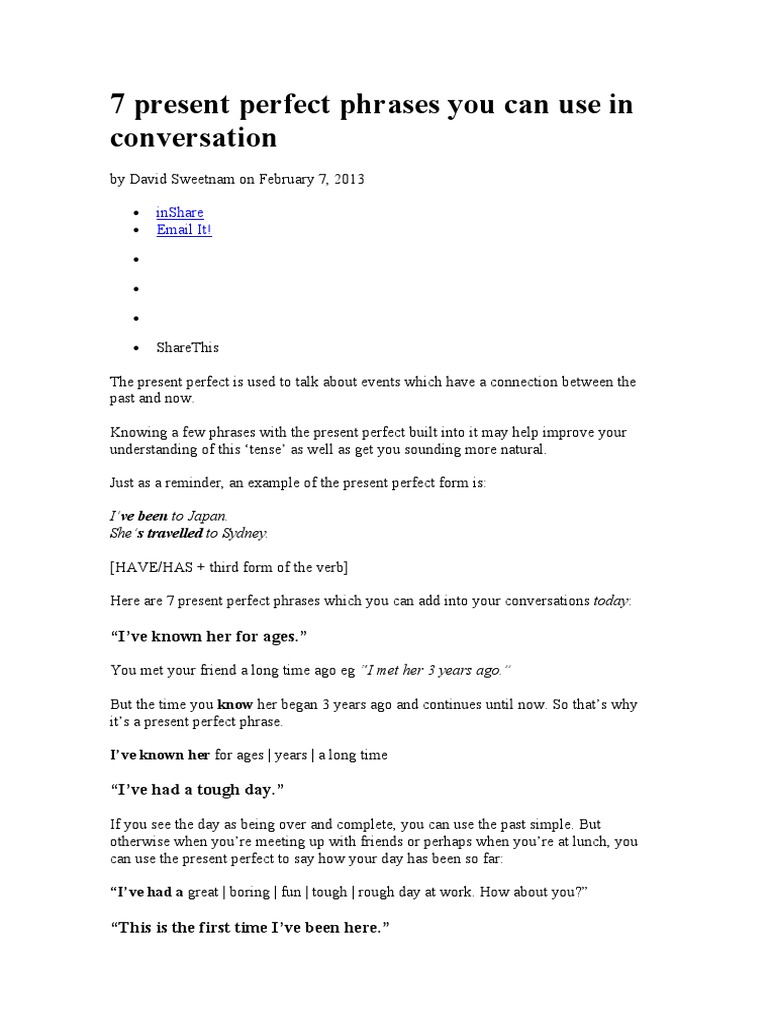 7 Present Perfect Phrases You Can Use in Conversation | PDF | Grammar