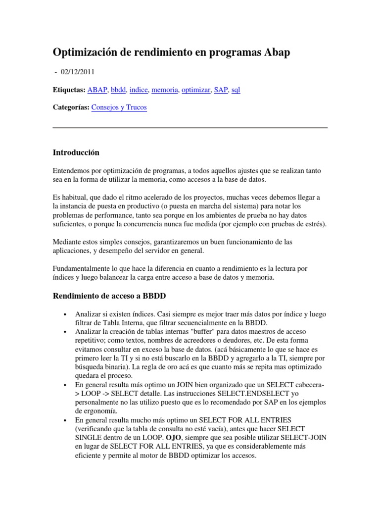 Optimización De Rendimiento En Programas Abap Pdf Sql Tabla Base 