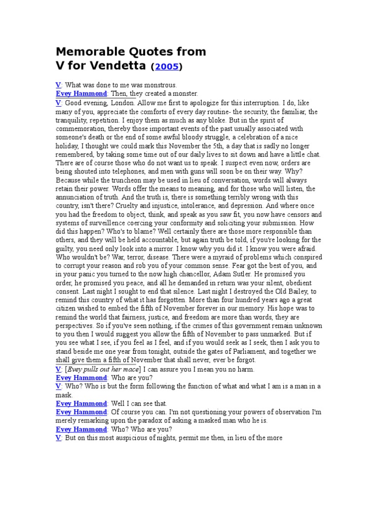 Memorable Quotes From V For Vendetta | PDF
